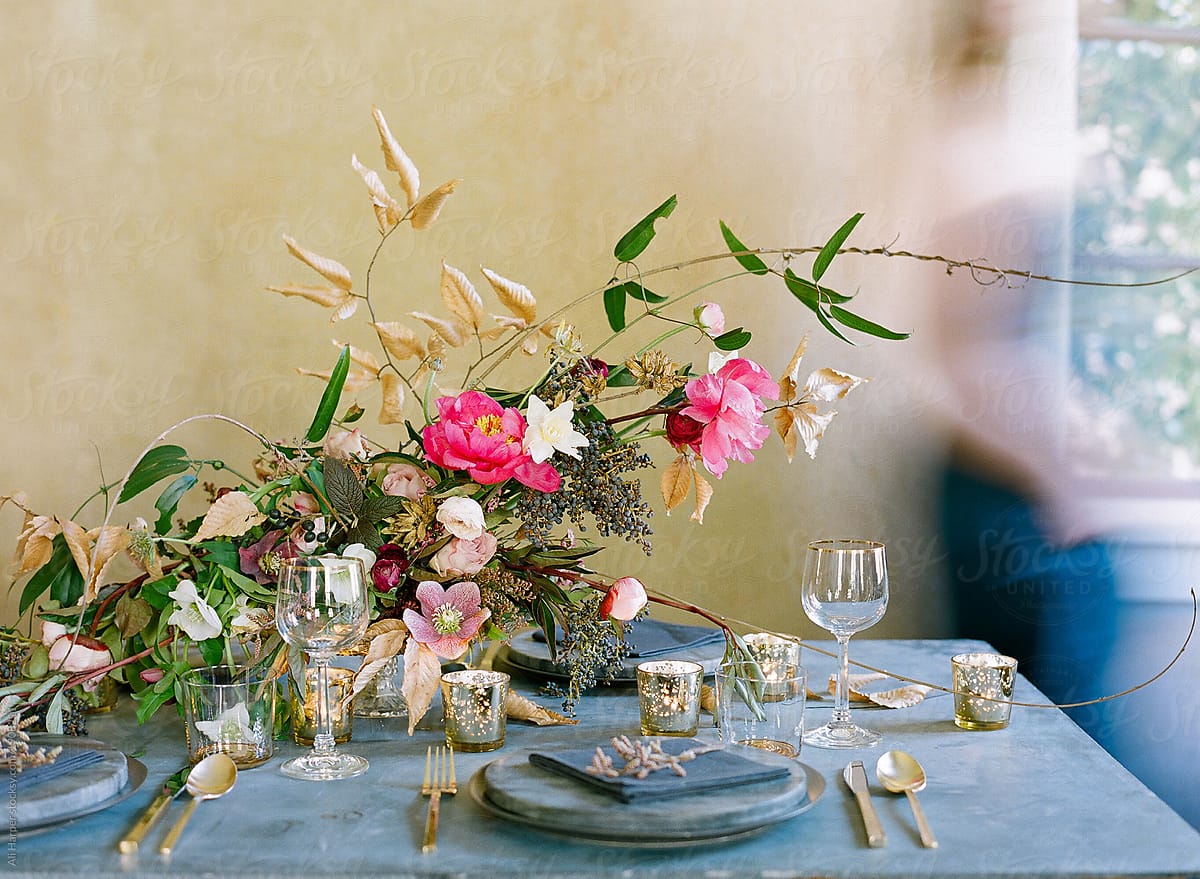 "Beautifully Set Dinner Table With Organic Salad And Large Floral ...