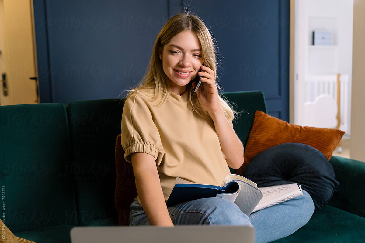 Female Remote Worker On A Phone Call - Stock Image - Everypixel
