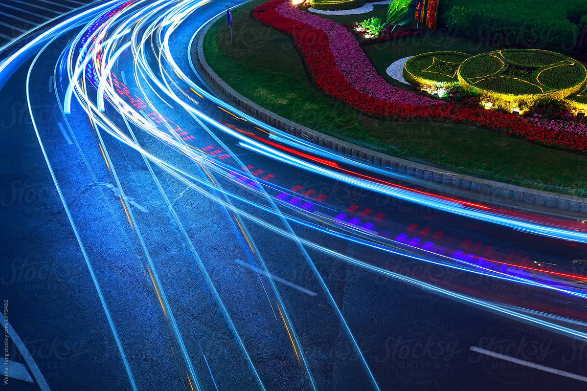 "The Highway Car Rainbow Light Trails Of Modern City Buildings" by ...