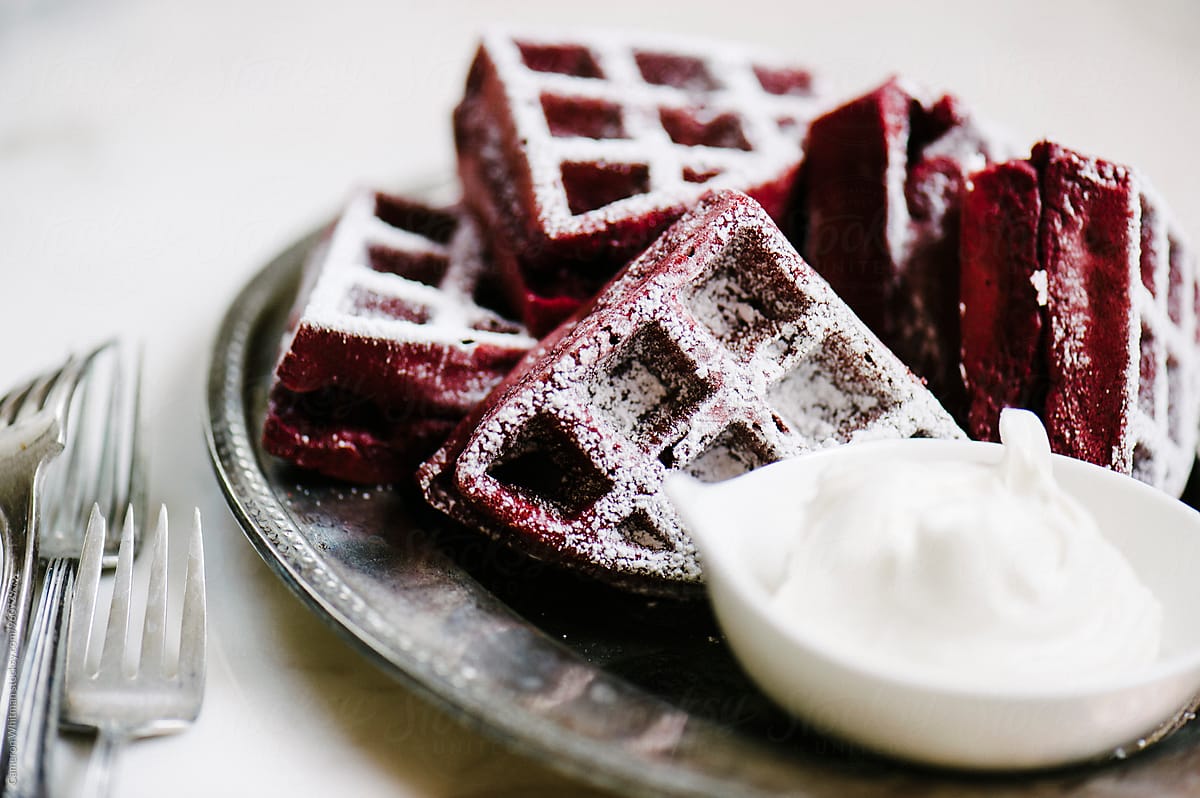 "Vintage Tray Full Of Red Velvet Cake Waffles And Whipped Cream Cheese ...