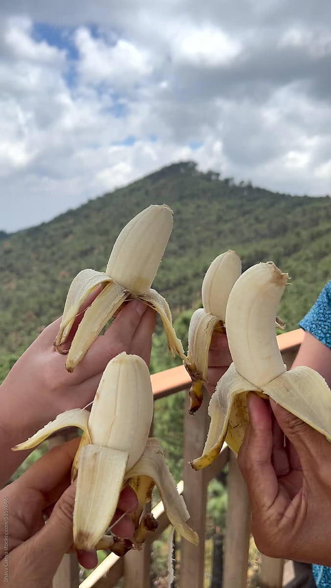 "Four Friends Toasting With Peeled Bananas In Front Of A Mountain" by ...