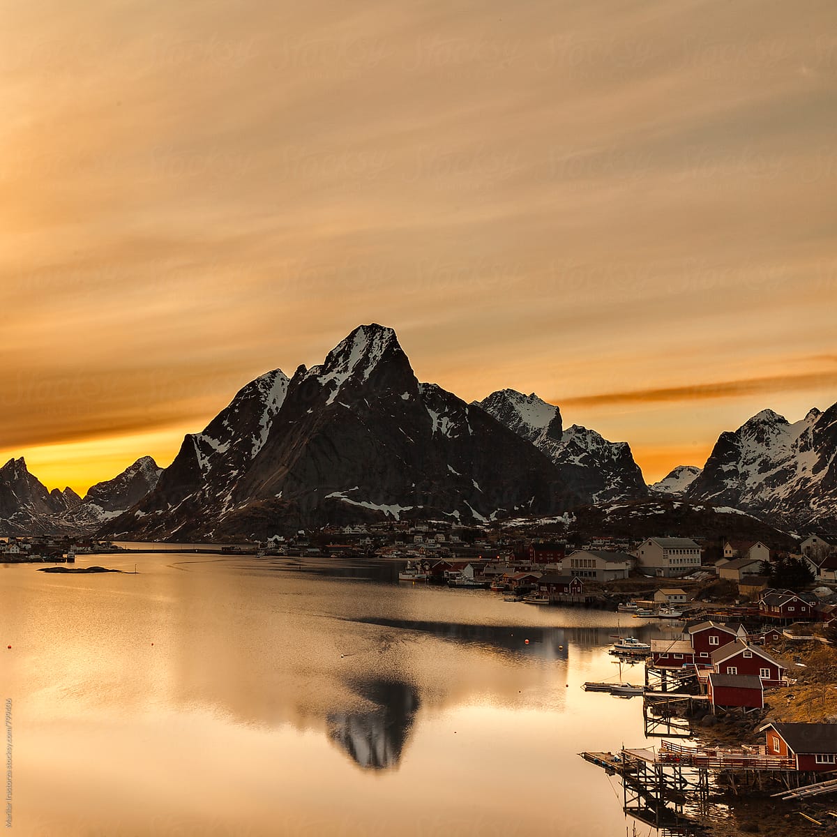 "Midnight Sun Shines Over The Beautiful Fishing Village Of Reine" by ...