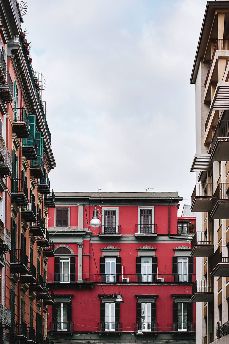 "Building With Red Facade, Surrounded By Other Two In Naples, Italy" by ...