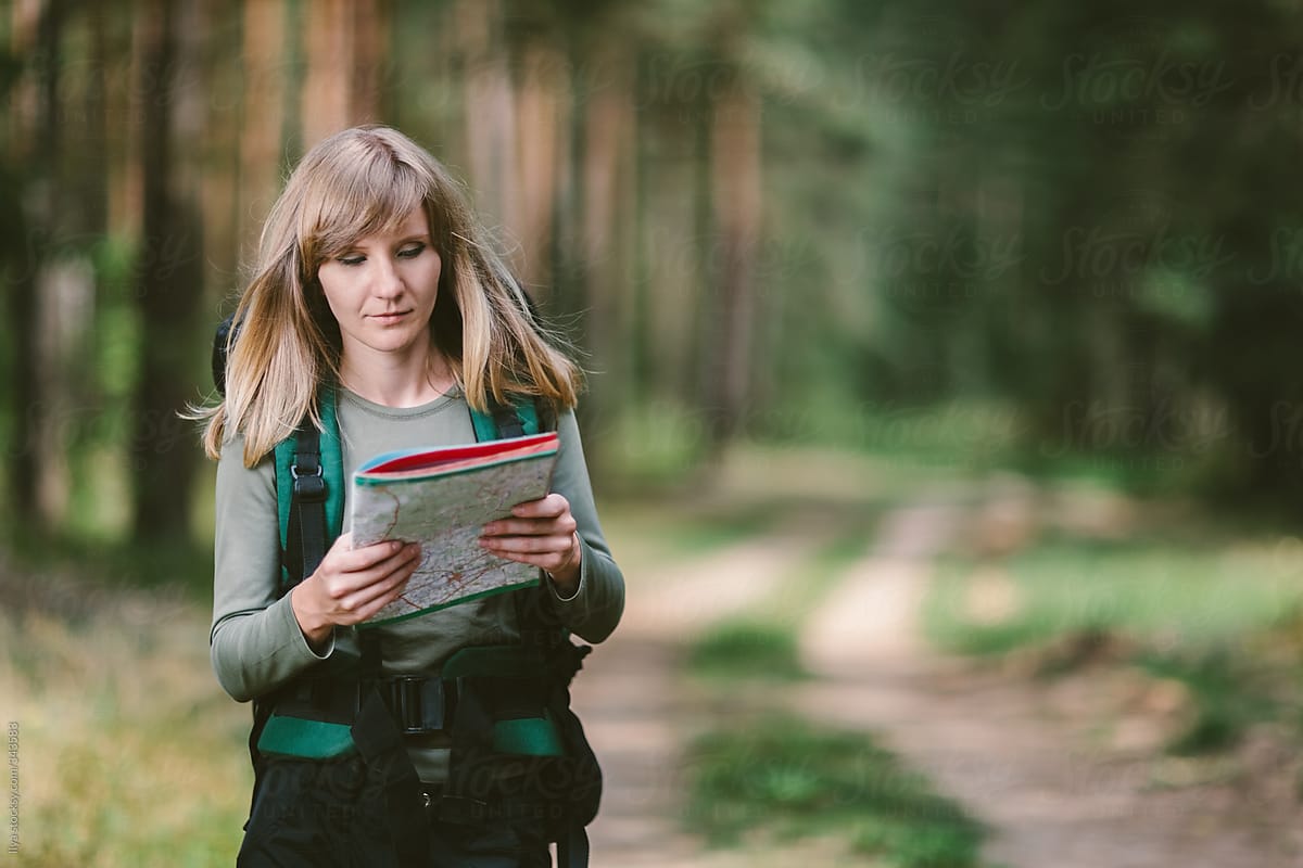 "Woman Backpacker Looking At Map Hiking Summer Nature Forest" by ...