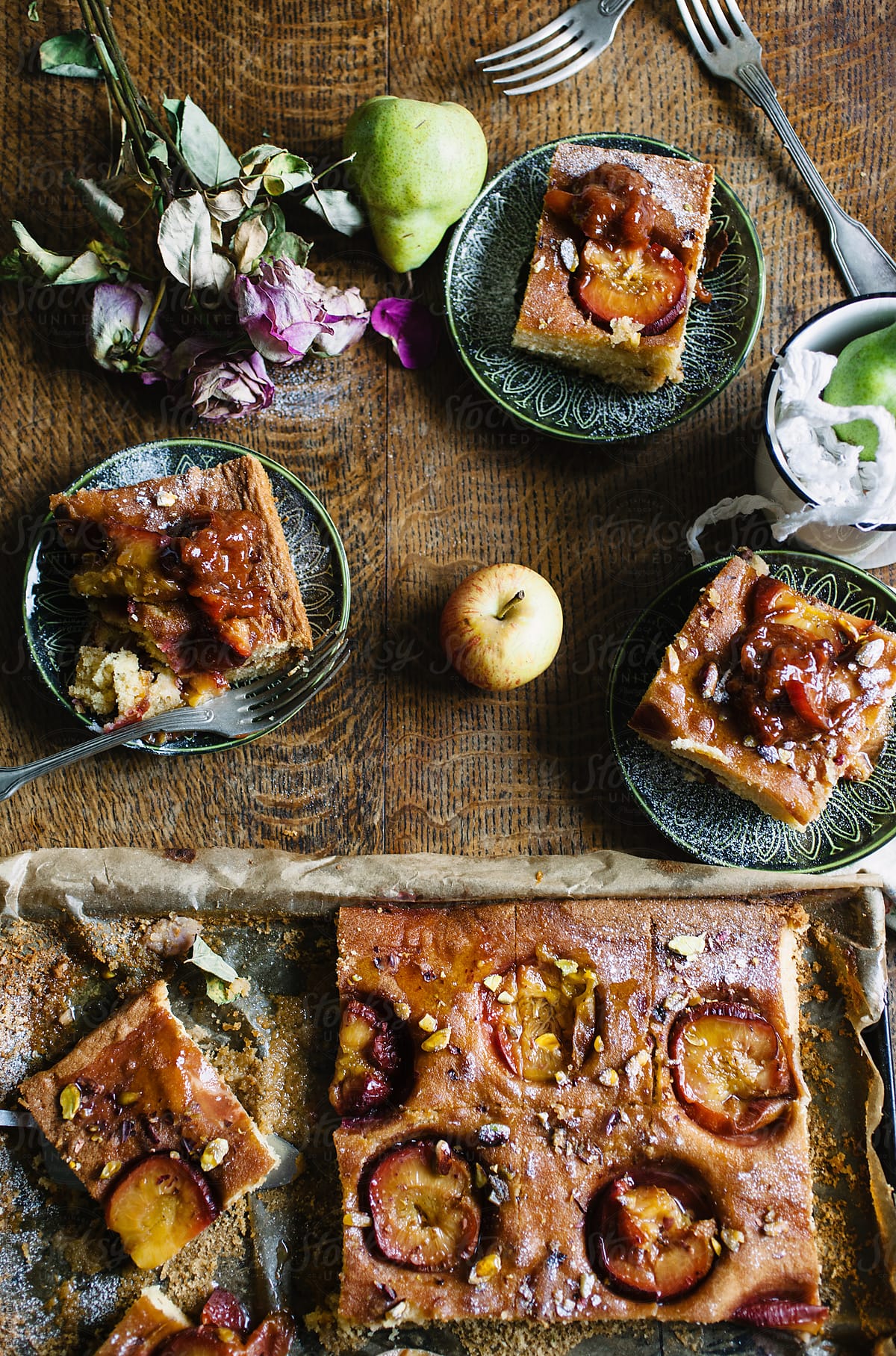 "Sticky Plumb Pudding With Apple And Pear Compote On A Rustic Wooden ...