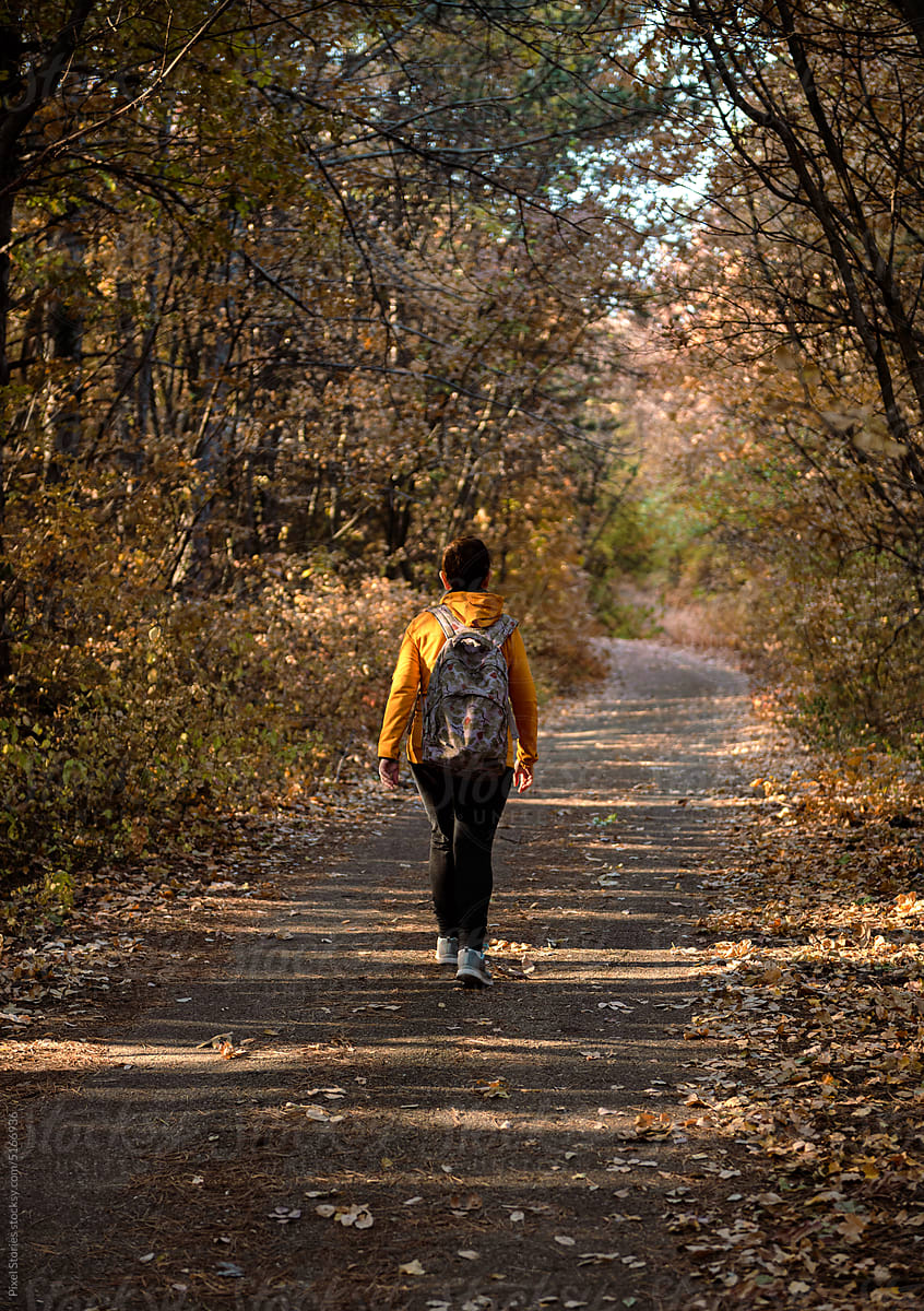 Middle-aged woman walking/hiking in forest - Stock Image - Everypixel
