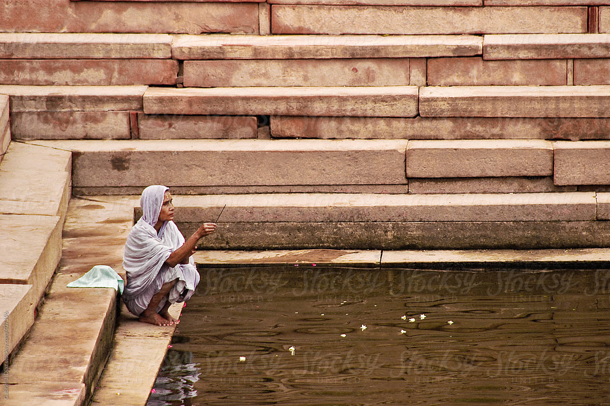 "Indian Woman Offering Flowers In Sacred Place. Vrindavan. India" by ...