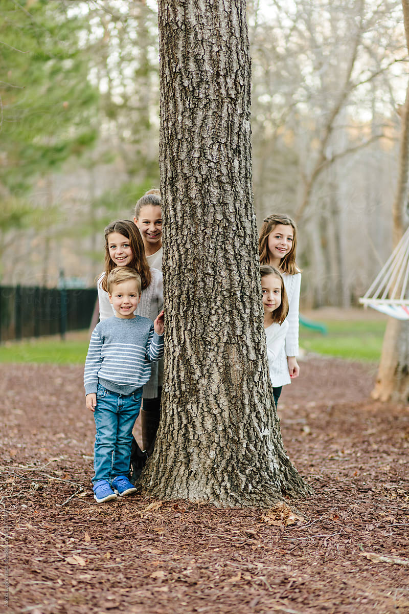 "A Group Of Kids Peeking Out From Behind A Tree" by Stocksy Contributor ...