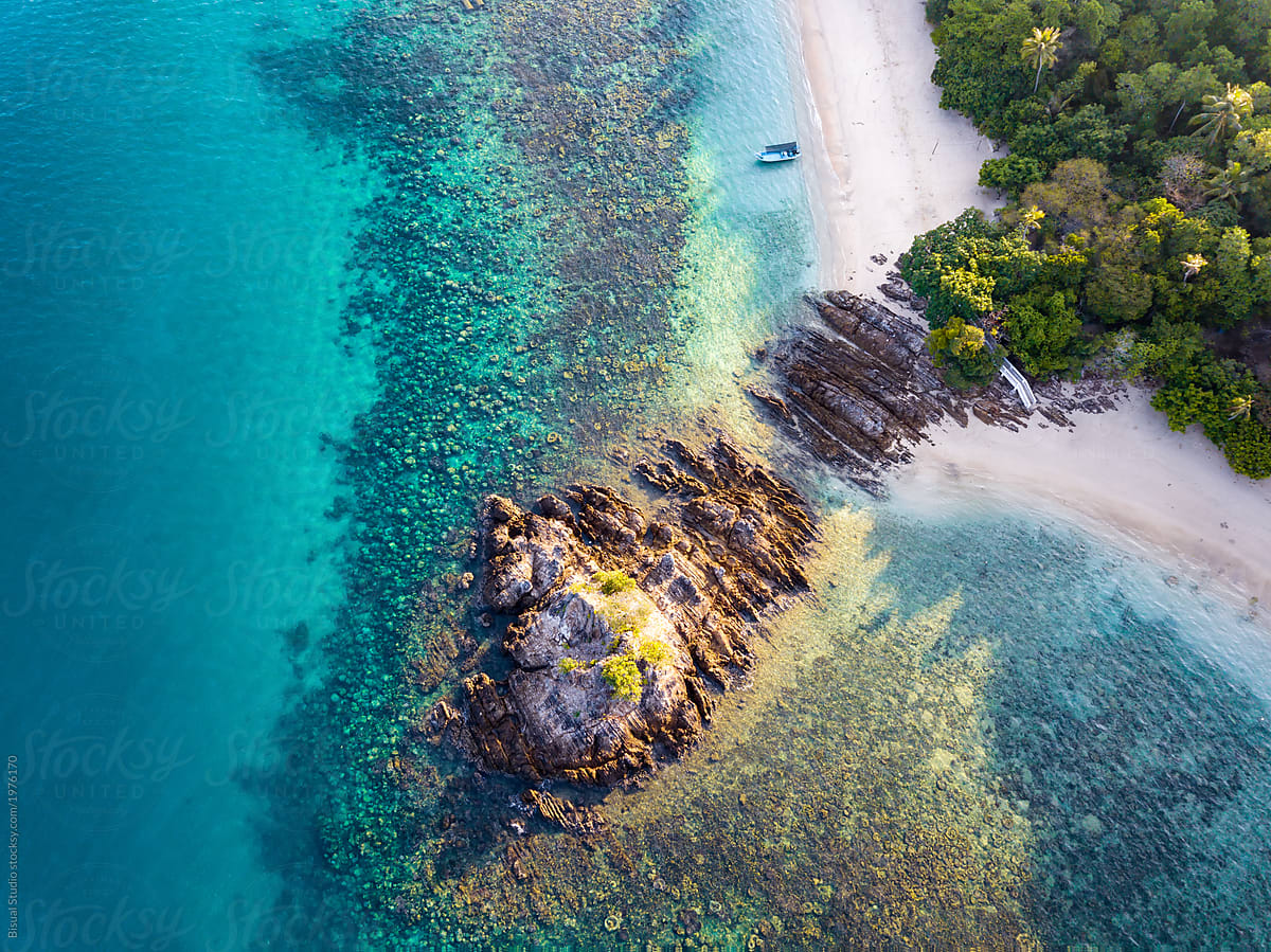 "Aerial View Of A Sandy Beach And A Boat Aground In Kapas Island ...