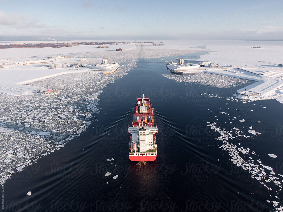 "Container Ship In Ice Covered Sea, Drone Shot" by Stocksy Contributor ...