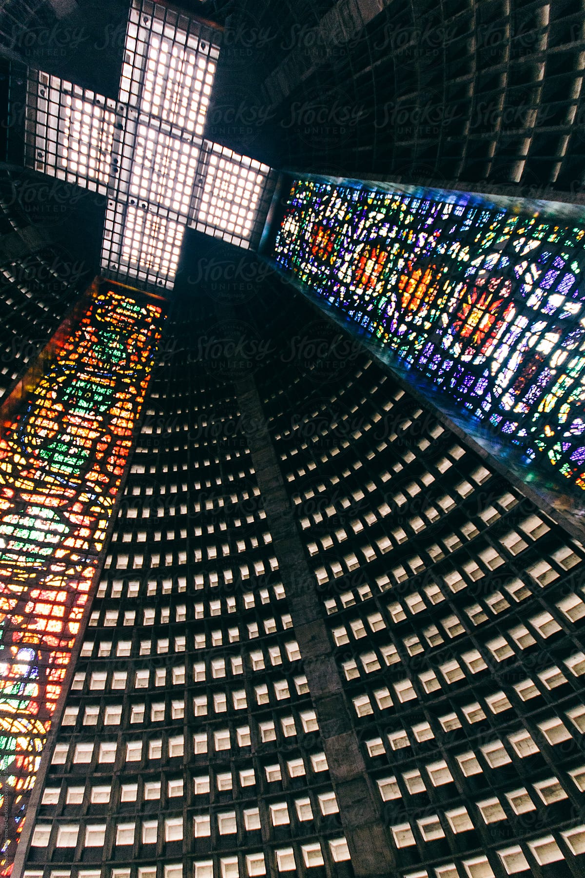"Cross And Colourful Stained Glass In Rio De Janeiro Cathedral, Brazil ...