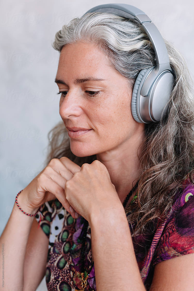 "Grey Hair Woman Listening Music Hi-fi Stereo Headphones" by Stocksy ...