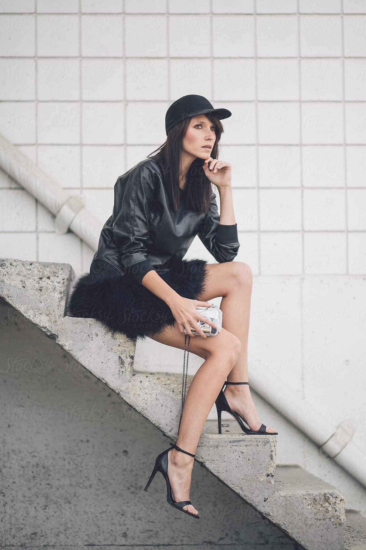 "A Beautiful Woman Sitting On A Set Of Stairs Looking Away" by Stocksy ...