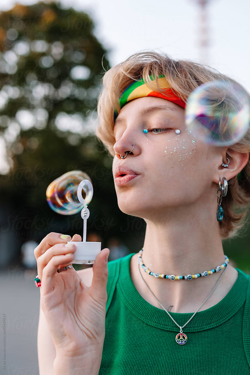 "Young Lgbtq Activist Woman Blowing Bubbles And Blowing Bubbles" by ...