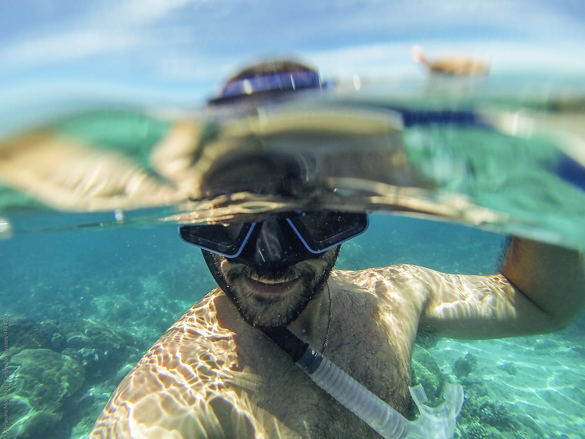 "Underwater Self Portrait Of A Man Snorkeling With Diving Mask" by ...