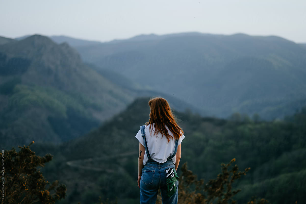 "Woman Backwards Looking To A Stunning Natural Mountain Landscape Of ...