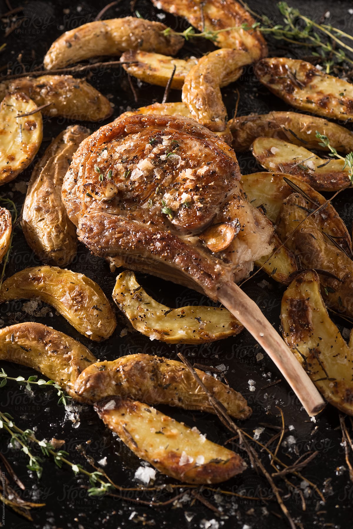 "Grilled Veal Chop With Fingerling Potatoes And Green Beans" by Stocksy ...