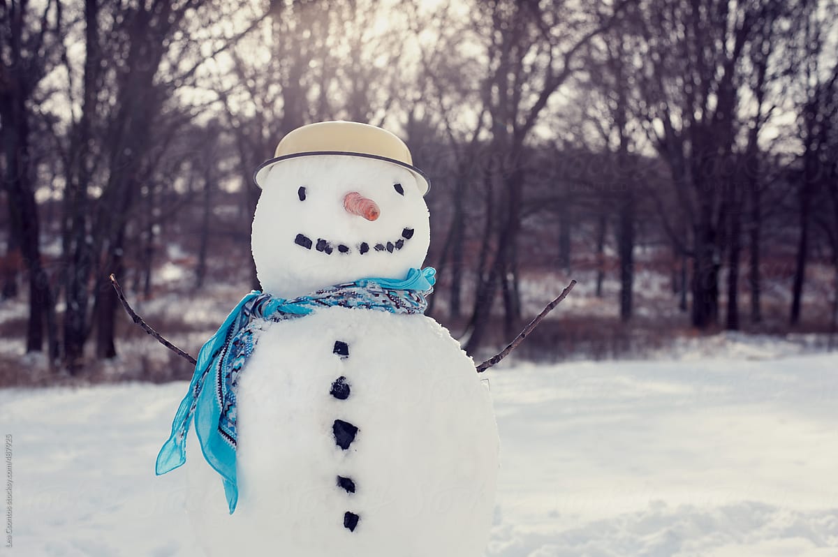 "Smiling Snowman On A Snow Covered Field Wearing Hat And Scarf" by ...
