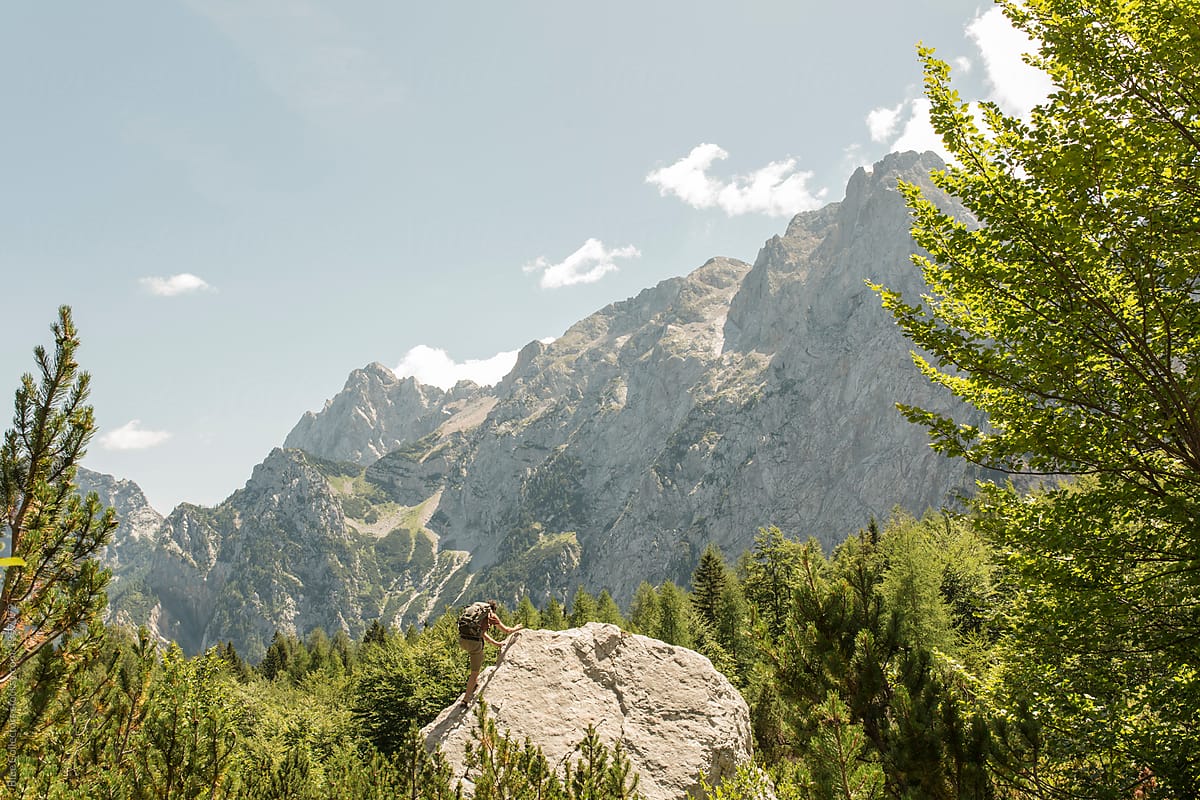 "Man Over The Rocks Looking At Mountain Valley In Spring Season" by ...