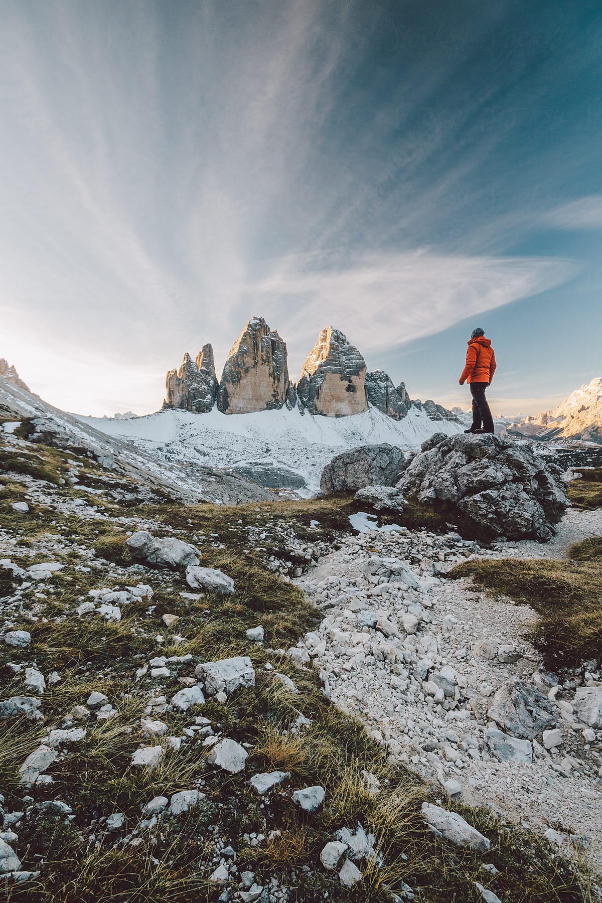 "Young Alpine Climber With Red Jacket Looking At The Famous Three Peaks ...