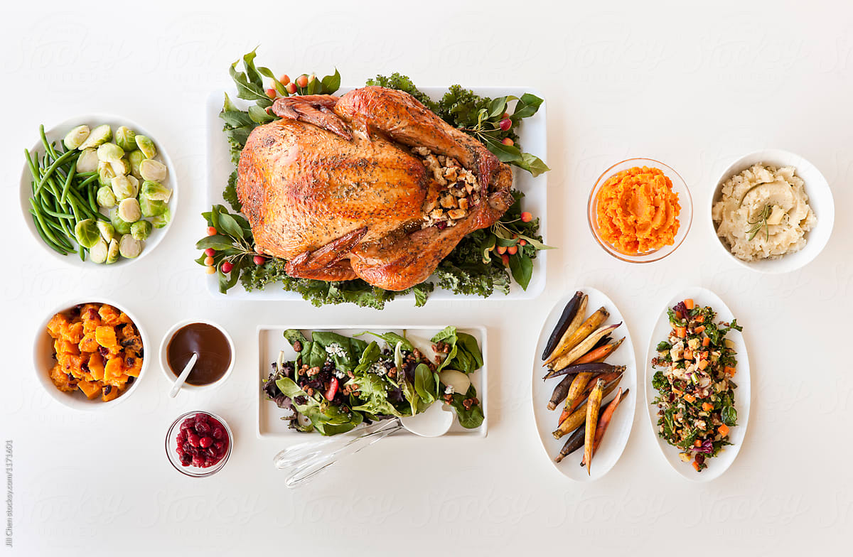 "Overhead Of Turkey Dinner On White" by Stocksy Contributor "Jill Chen ...