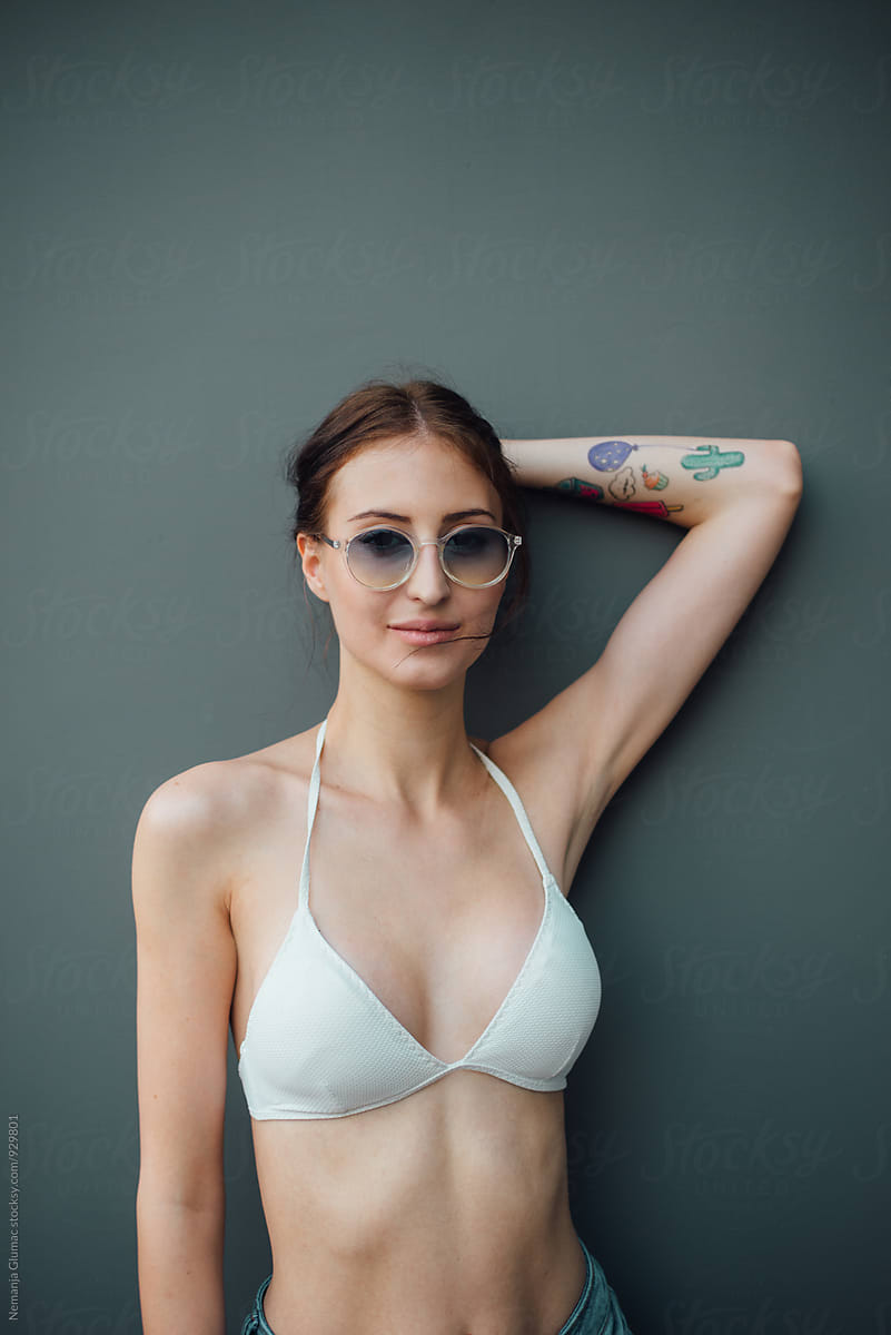 Attractive Brunette Woman Posing In White Bikini By Stocksy Attractive Brunette Woman Posing In White Bikini By Stocksy