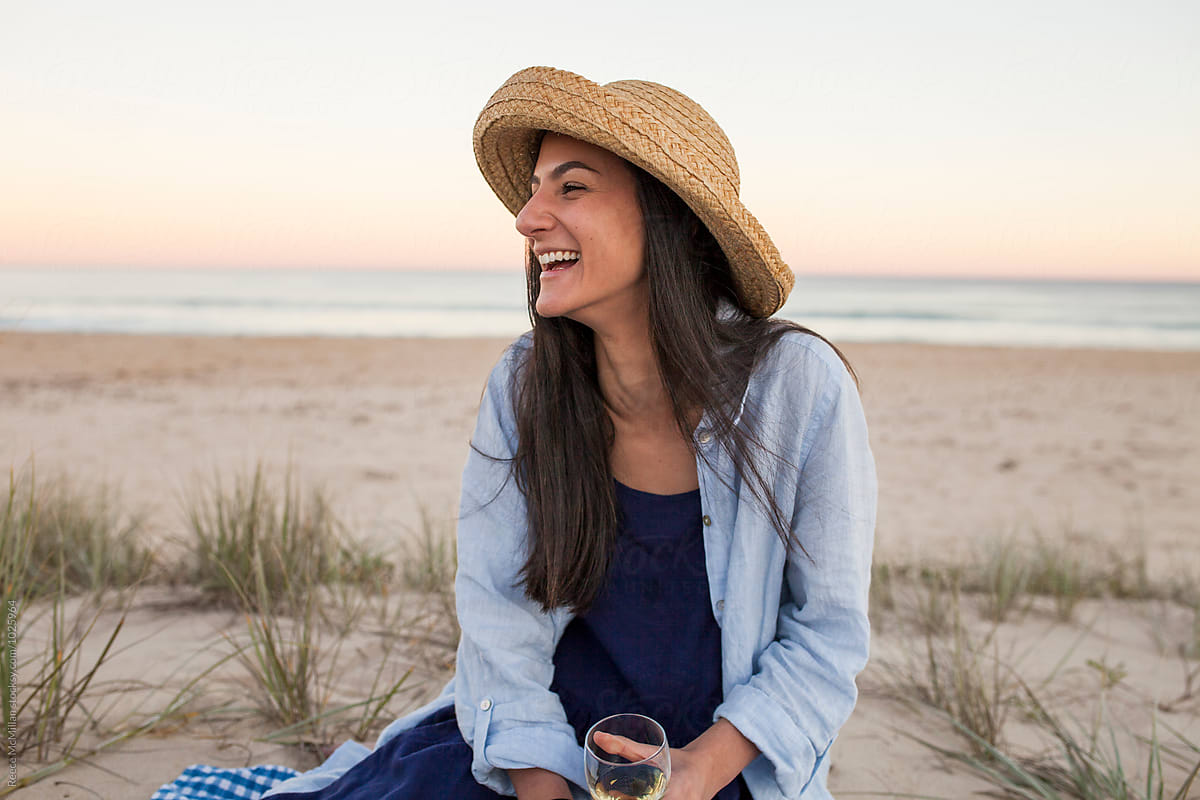 "Beautiful Woman Laughs And Smiles On Sussex Inlet Beach At Sunset" by ...