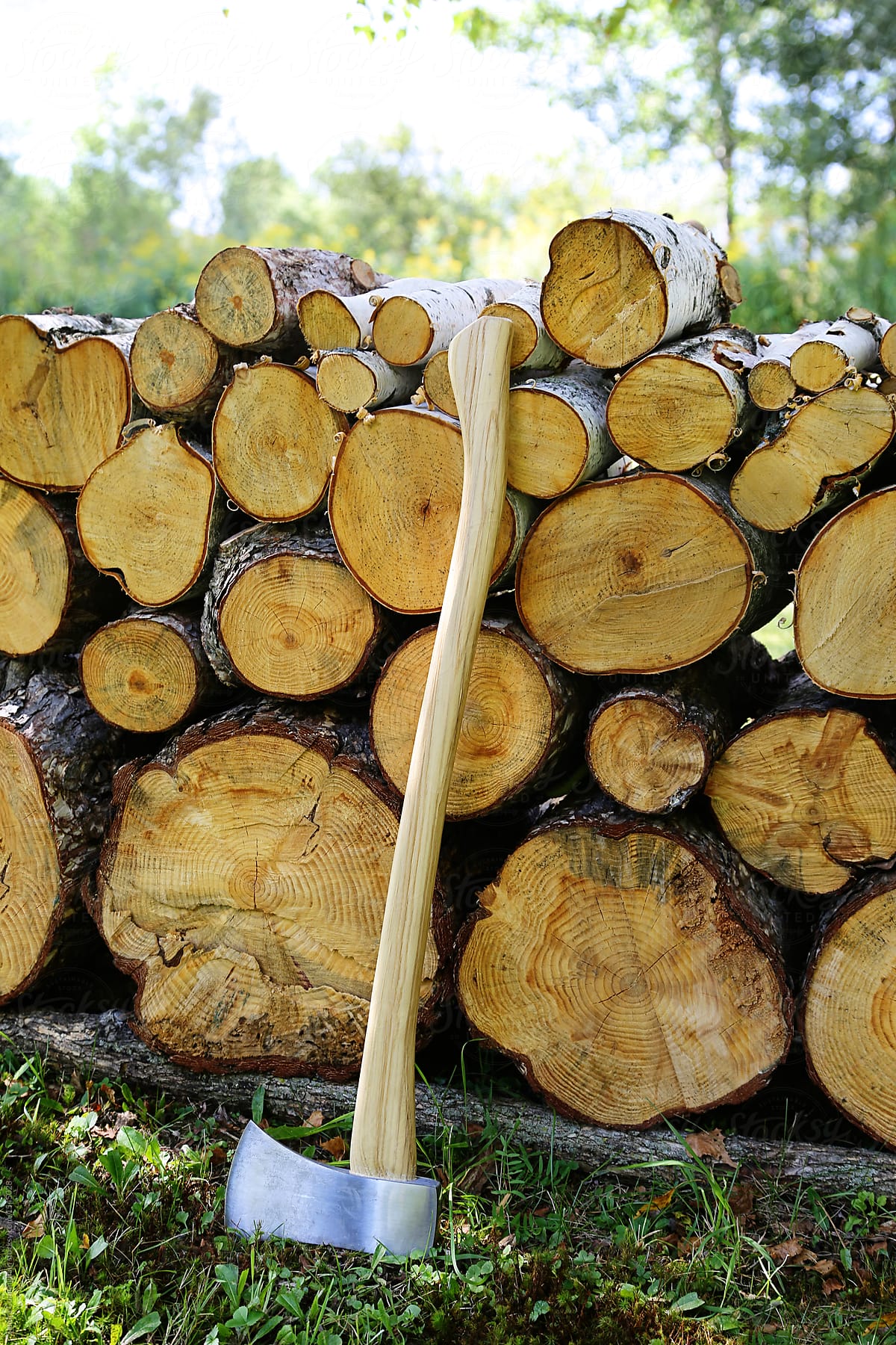 "Chopping Axe Leaning Against A Pile Of Logs" by Stocksy Contributor ...