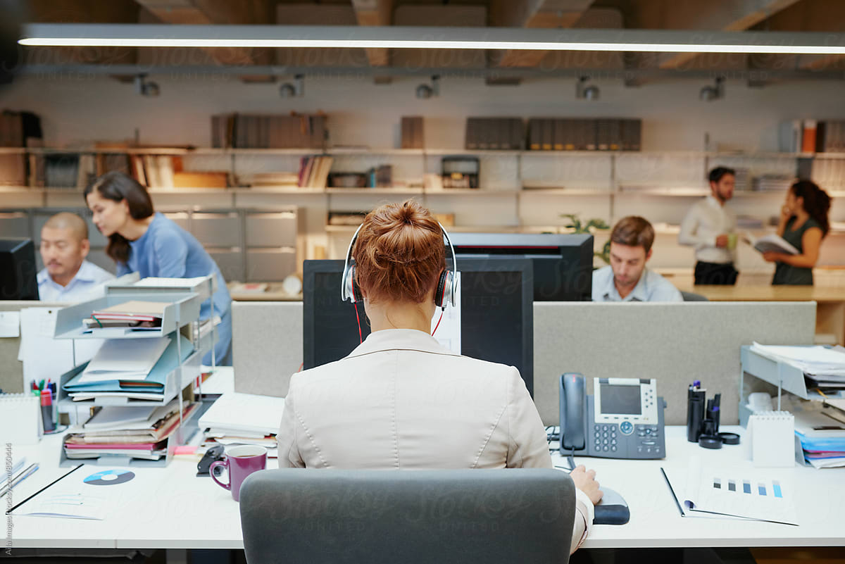 "Back Of Business Woman Using Headset Facing Coworkers Rear View" by ...