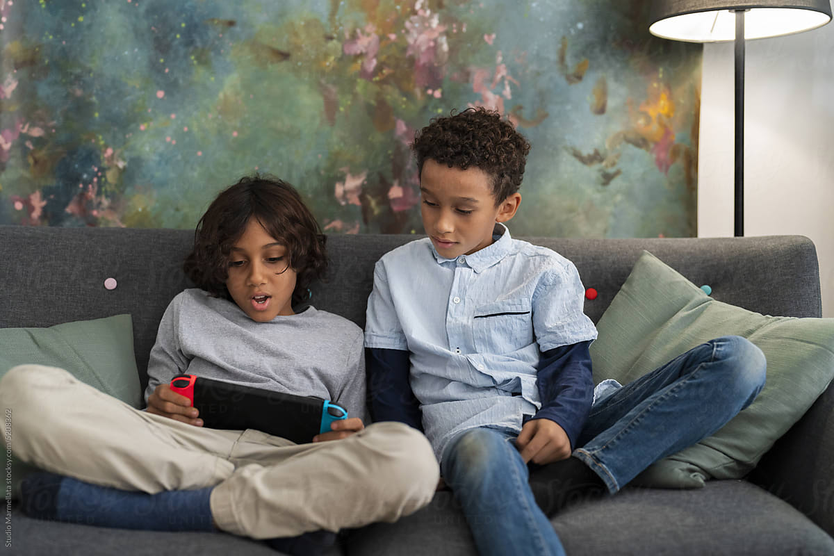 Brothers playing video game in room - Stock Image - Everypixel