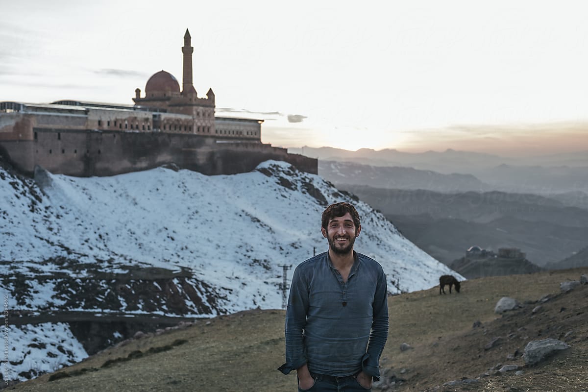 "Smiling Kurdish Man With Beard In Front Of Oriental Palace At Sunset ...
