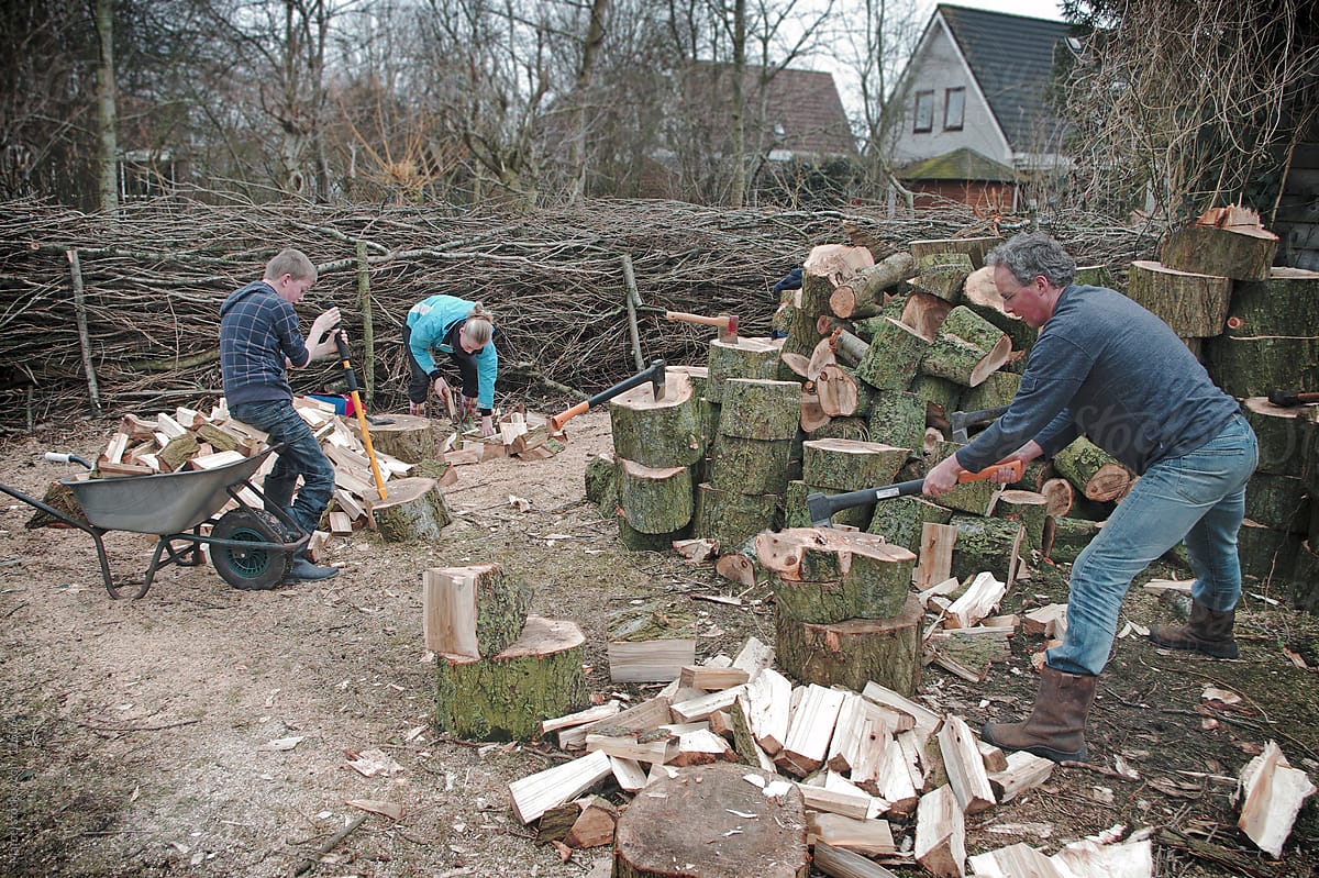 "Family Chopping Firewood" by Stocksy Contributor "Marcel" - Stocksy