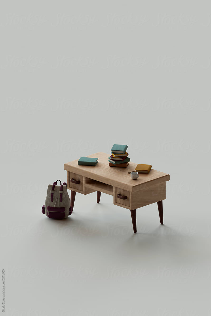 "3d Render Of A Wooden Desk With Books And A Backpack" by Stocksy ...
