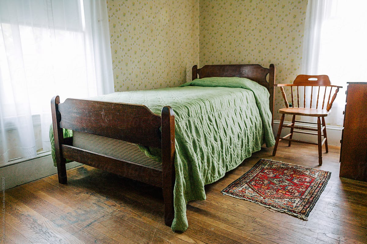 "Single Bed In Vintage Style Wallpaper Bedroom In Home" by Stocksy ...