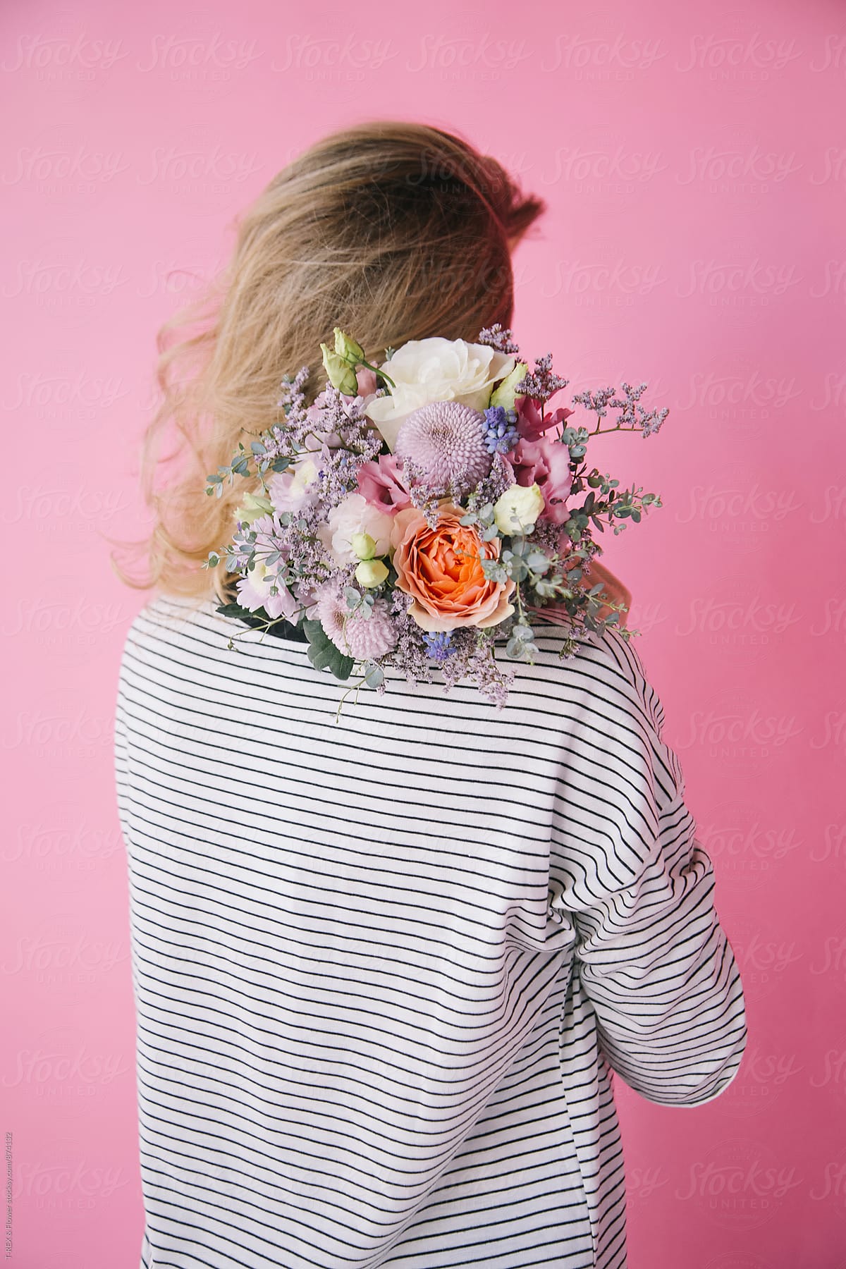 "Back View Of Blonde Woman Holding Bouquet Of Beautiful Flowers" by ...