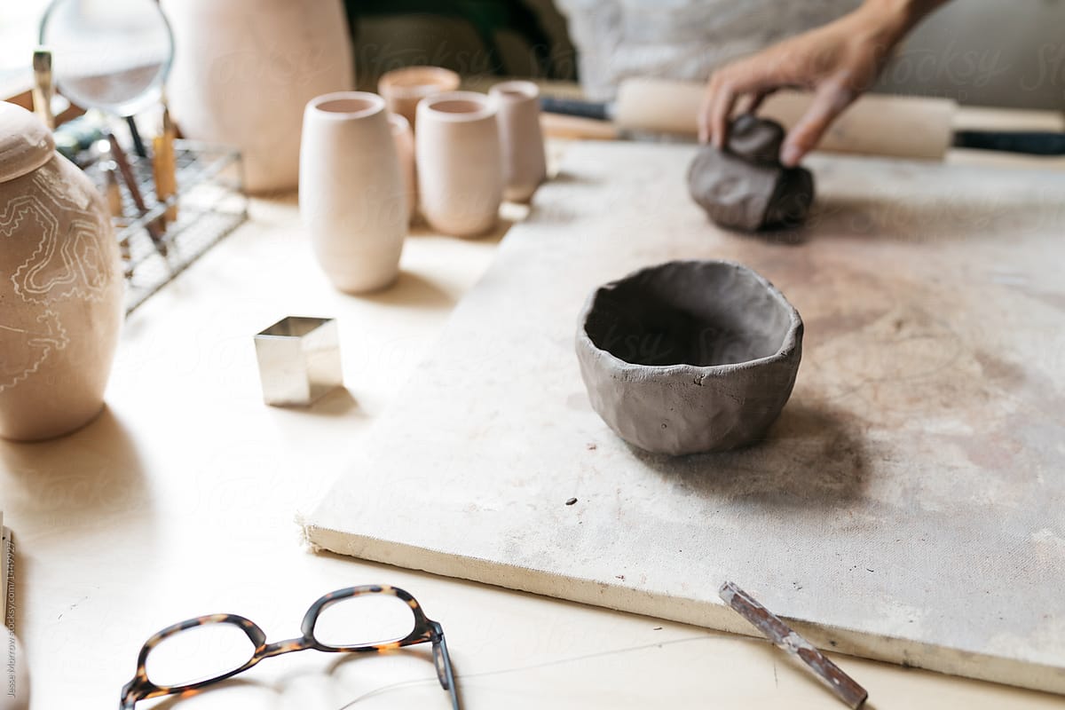 "Woman Forming Clay And Creating Beads And Pinch Pot By Hand From Raw ...