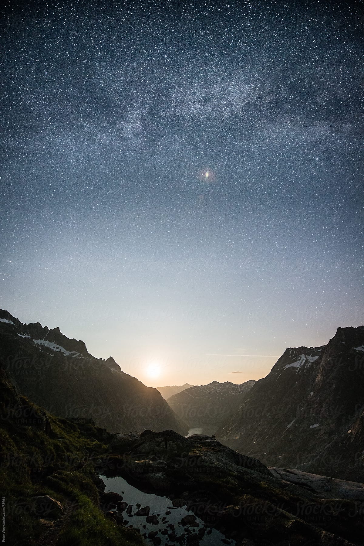 "Moonrise With Galaxy From SAC Lauteraar Mountain Hut" by Stocksy ...