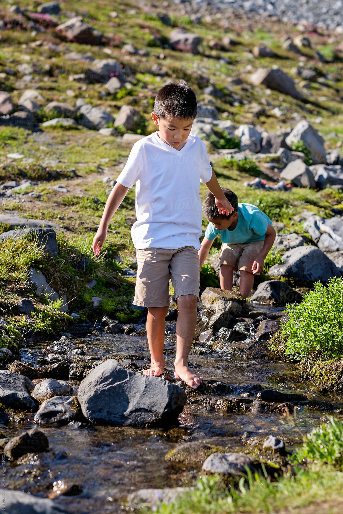 "Young Boys Outdoor Enjoying The View Of The Beautiful Mountain S" by ...