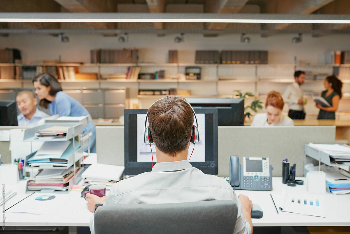 "Back Of Businessman Using Headset Facing Coworkers Rear View" by ...